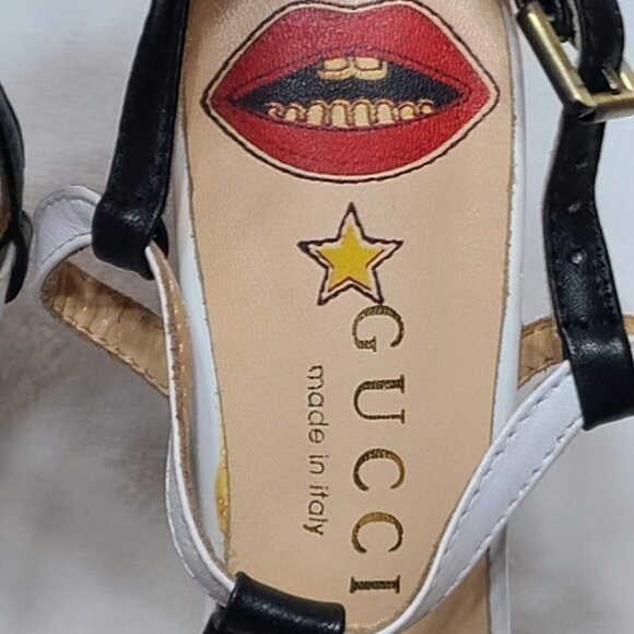 Gucci | Shoes | Gucci Navy Blue White Leather Angel Feline Head Tstrap ...